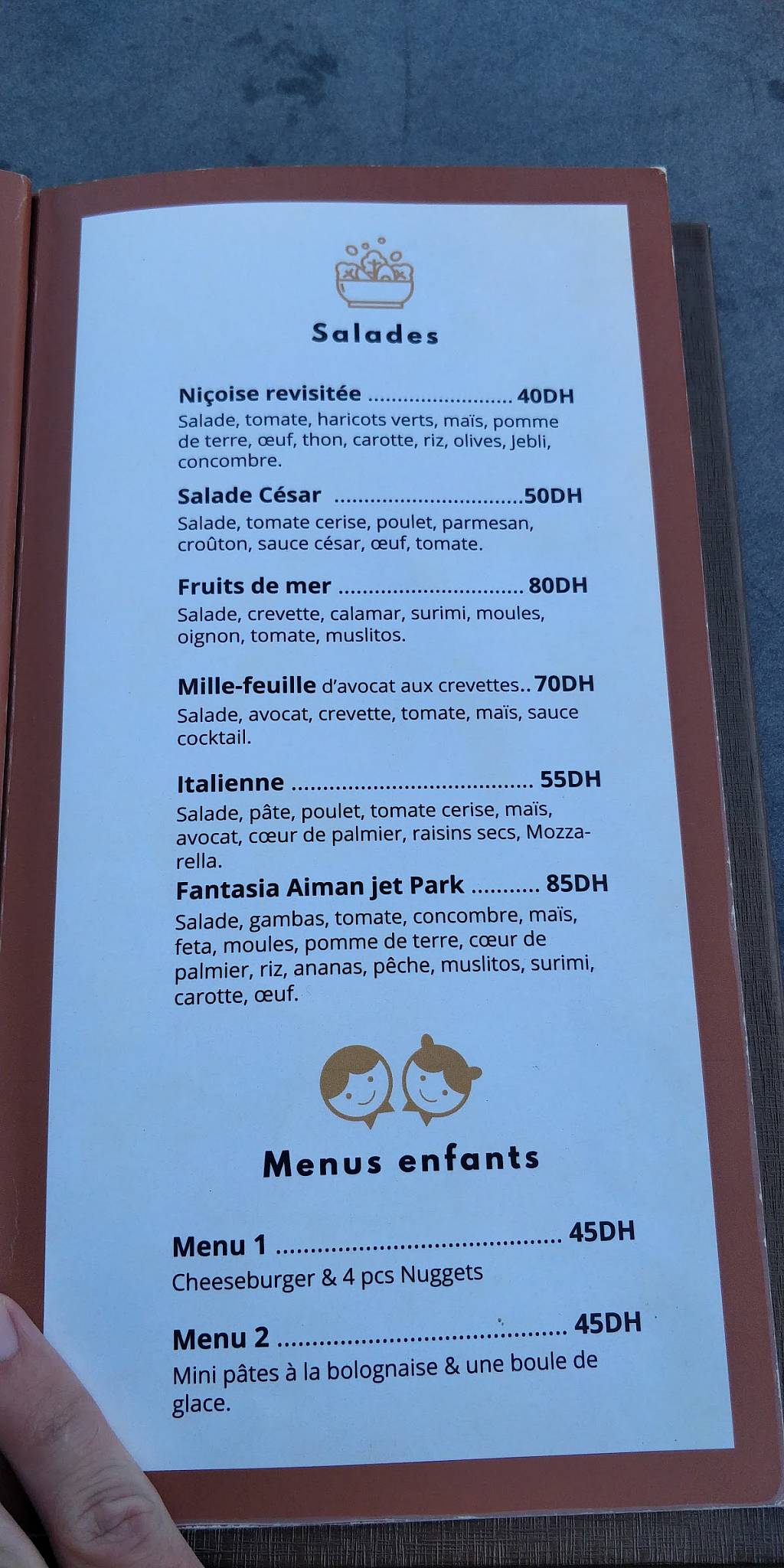 Menu au Aiman Jet Park café, Al Hoceima