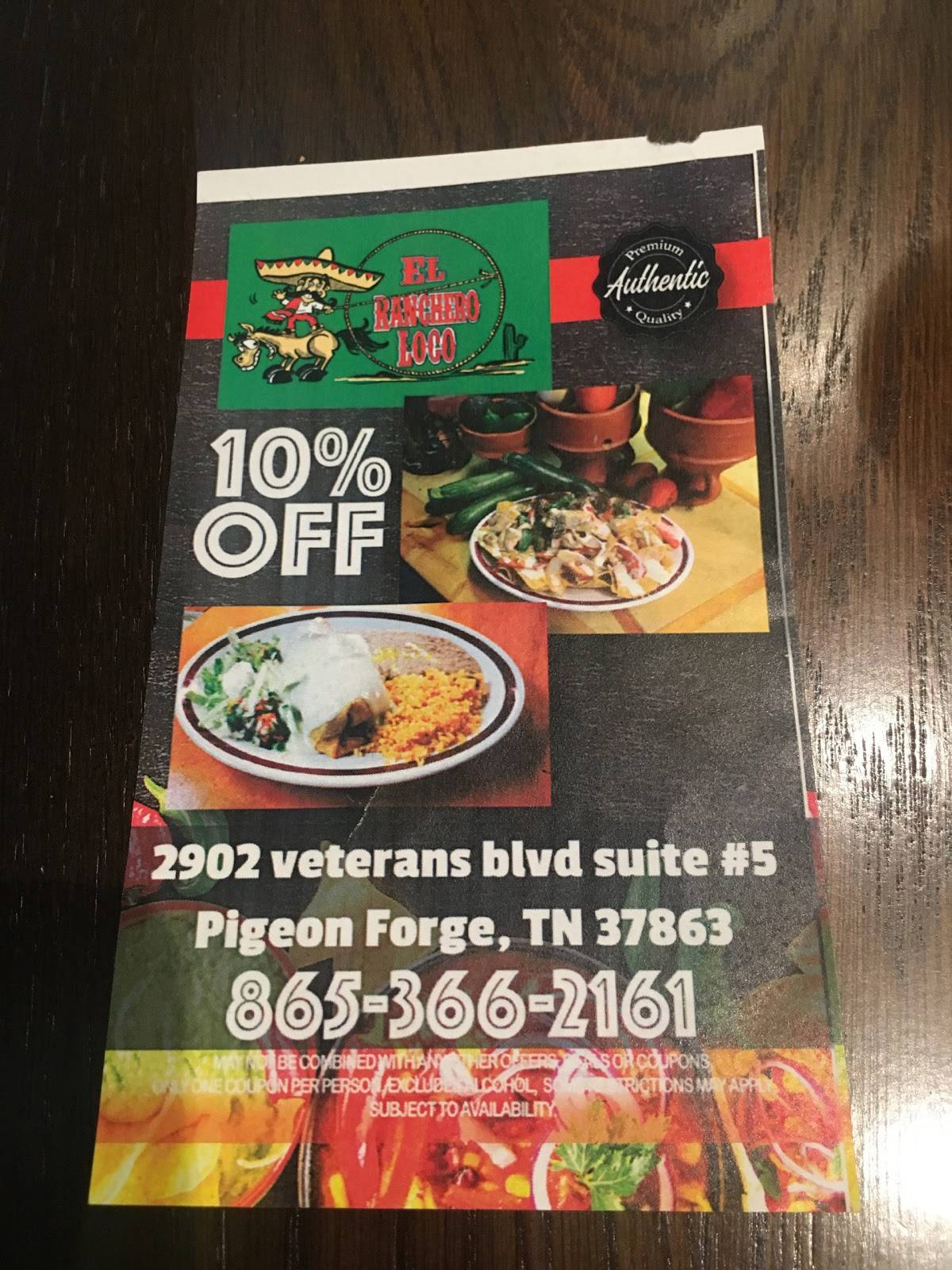 Menu at El Ranchero Loco restaurant, Pigeon Forge