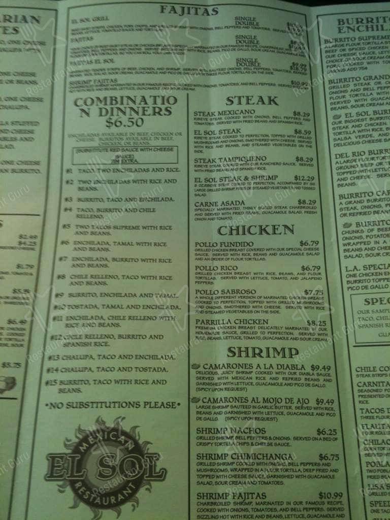 Menu at El Sol Méxican Restaurant, Pine Bluff