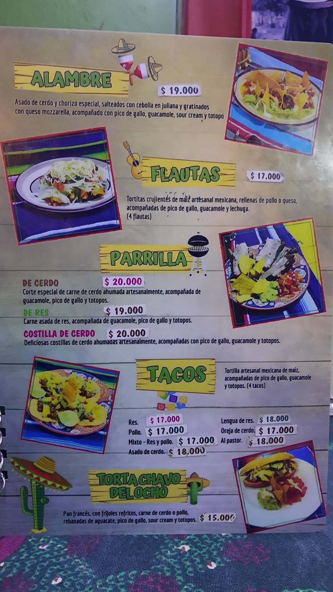 Carta del restaurante El Tacontento, Cali, Avenida 3HN #52-10