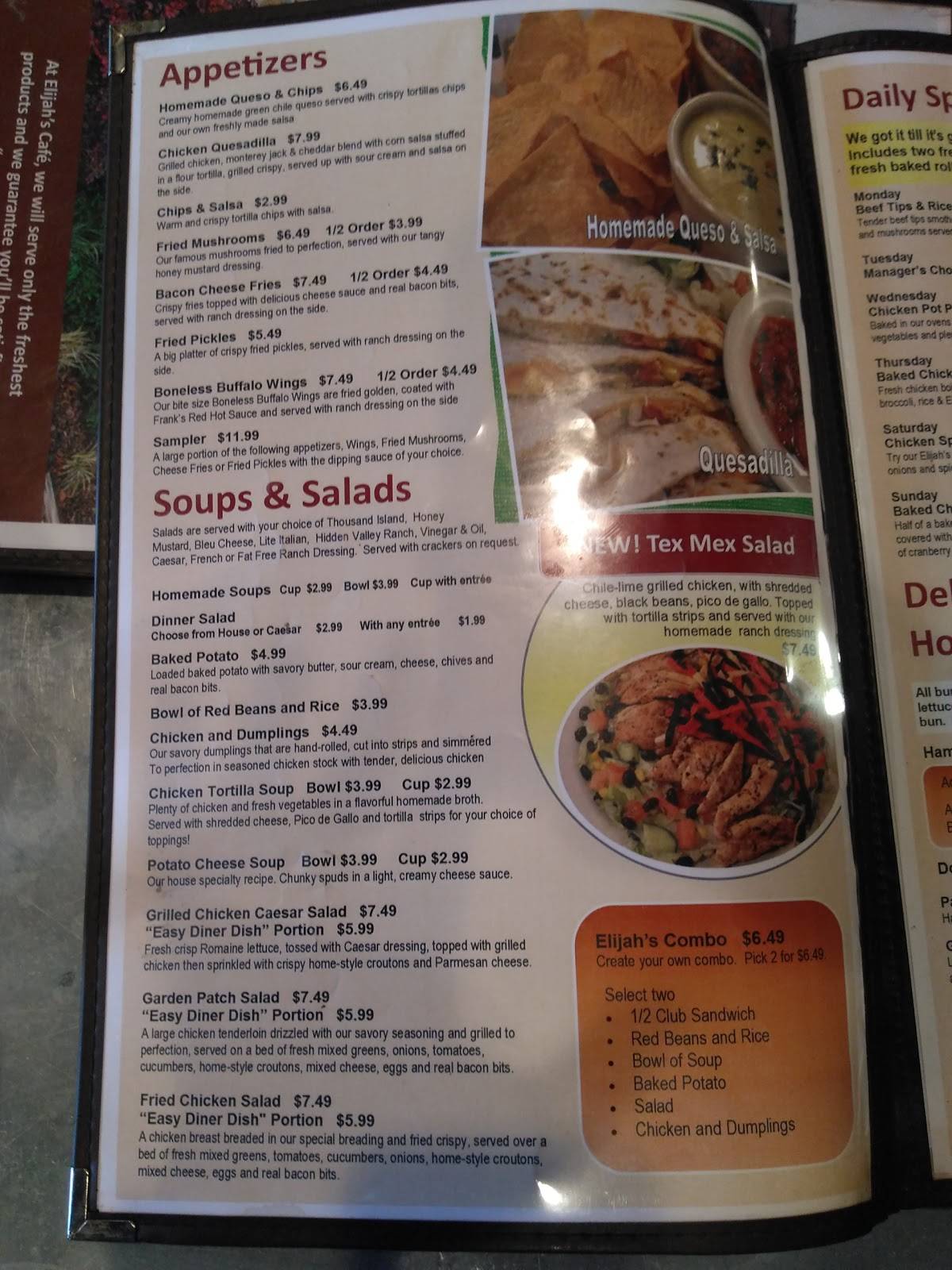 Menu at Elijah's Cafe, Jasper, 201 W Gibson St