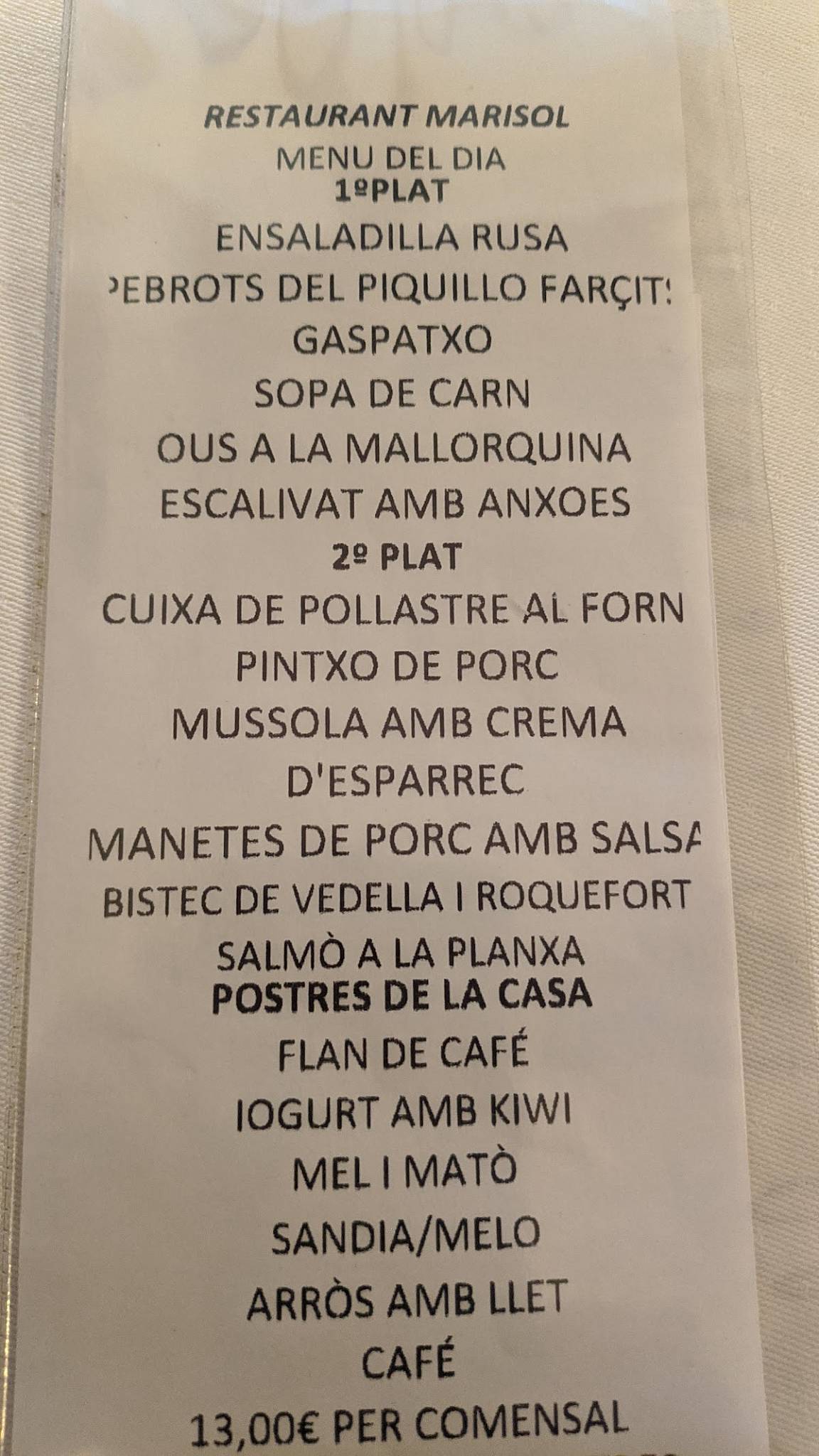 Carta de Restaurant Marisol, Els Valentins, Carrer Major
