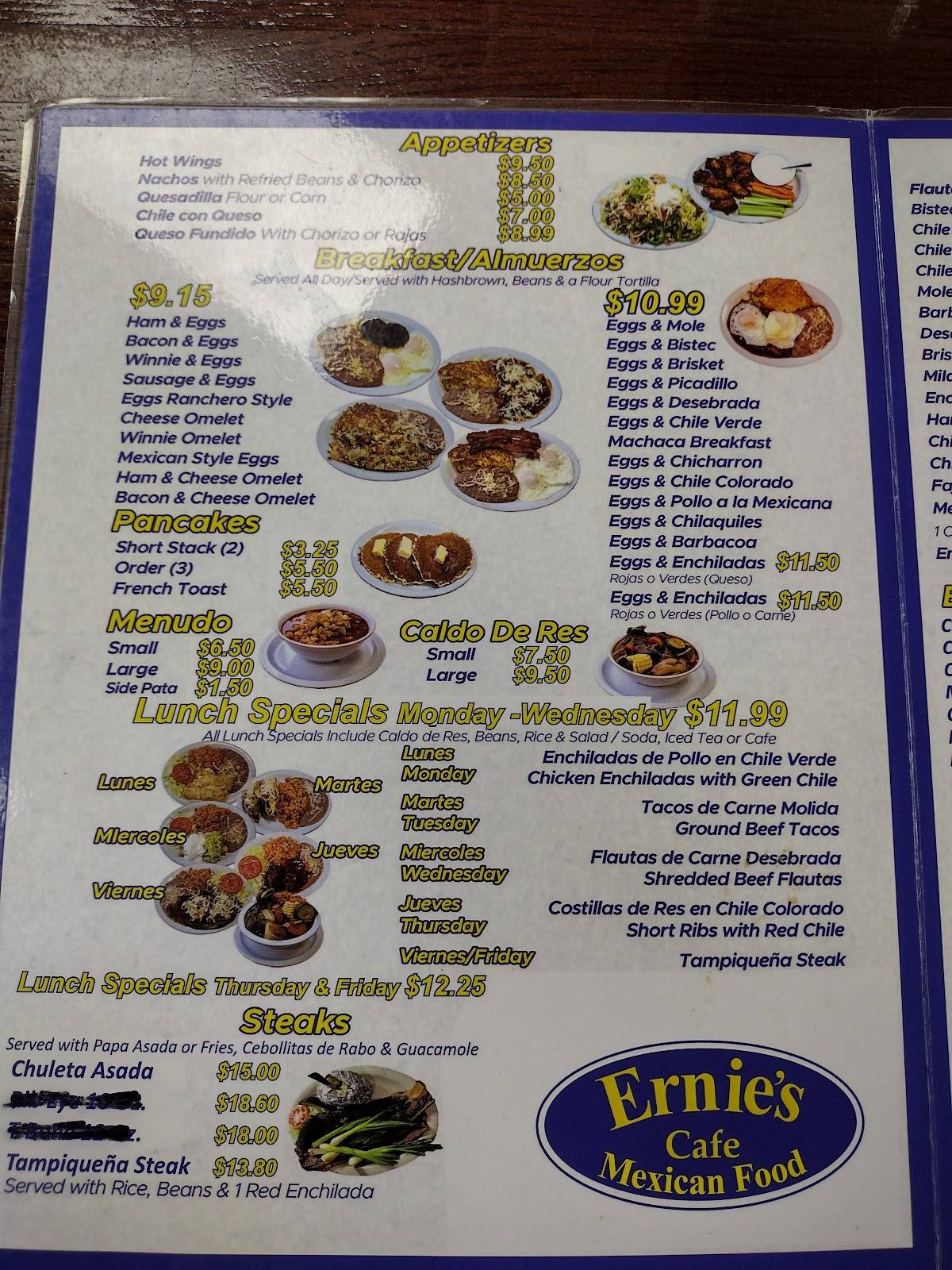 Menu at Ernie’s Cafe, El Paso, Industrial Ave