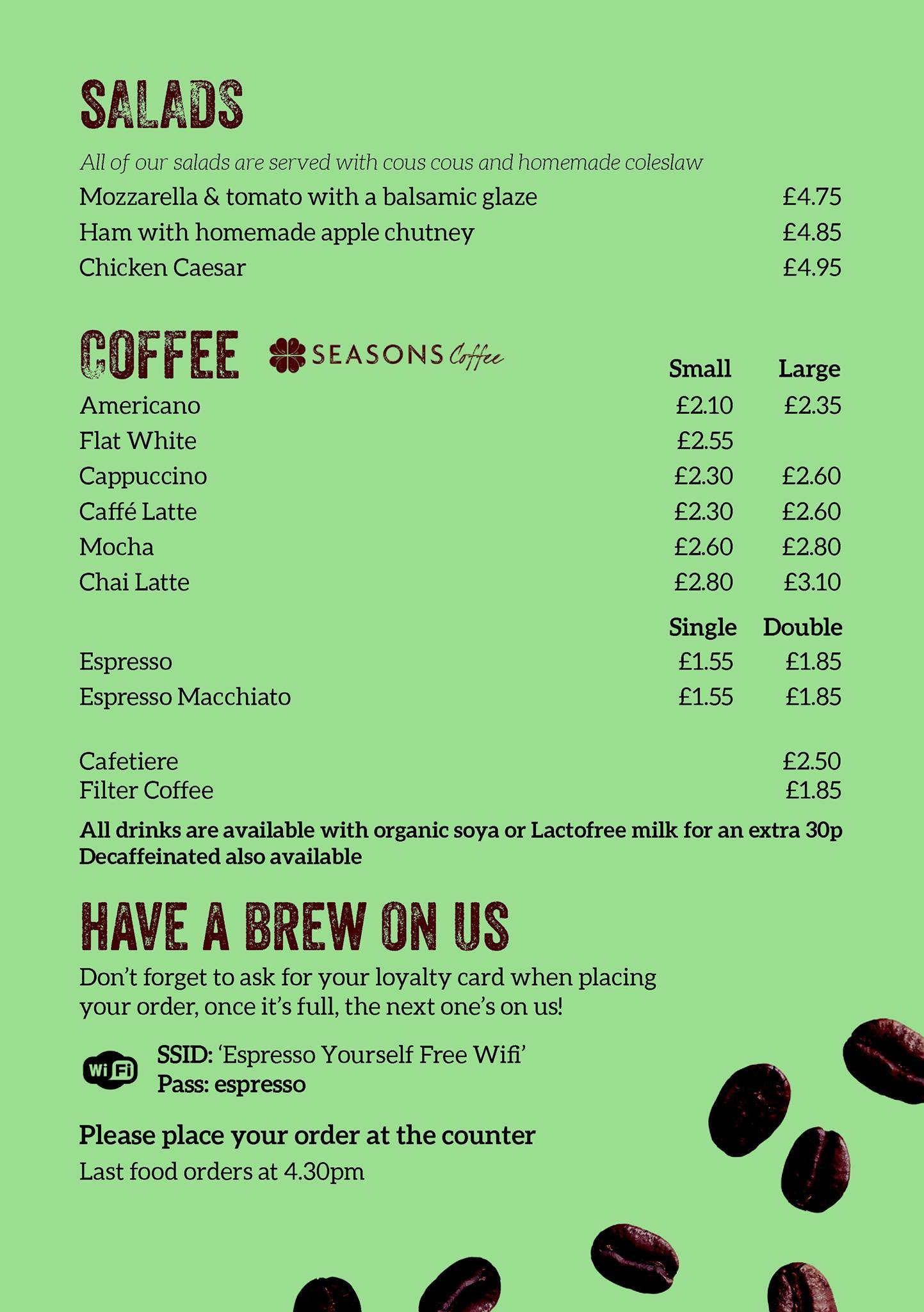 Menu at Espresso Yourself cafe, Scarborough