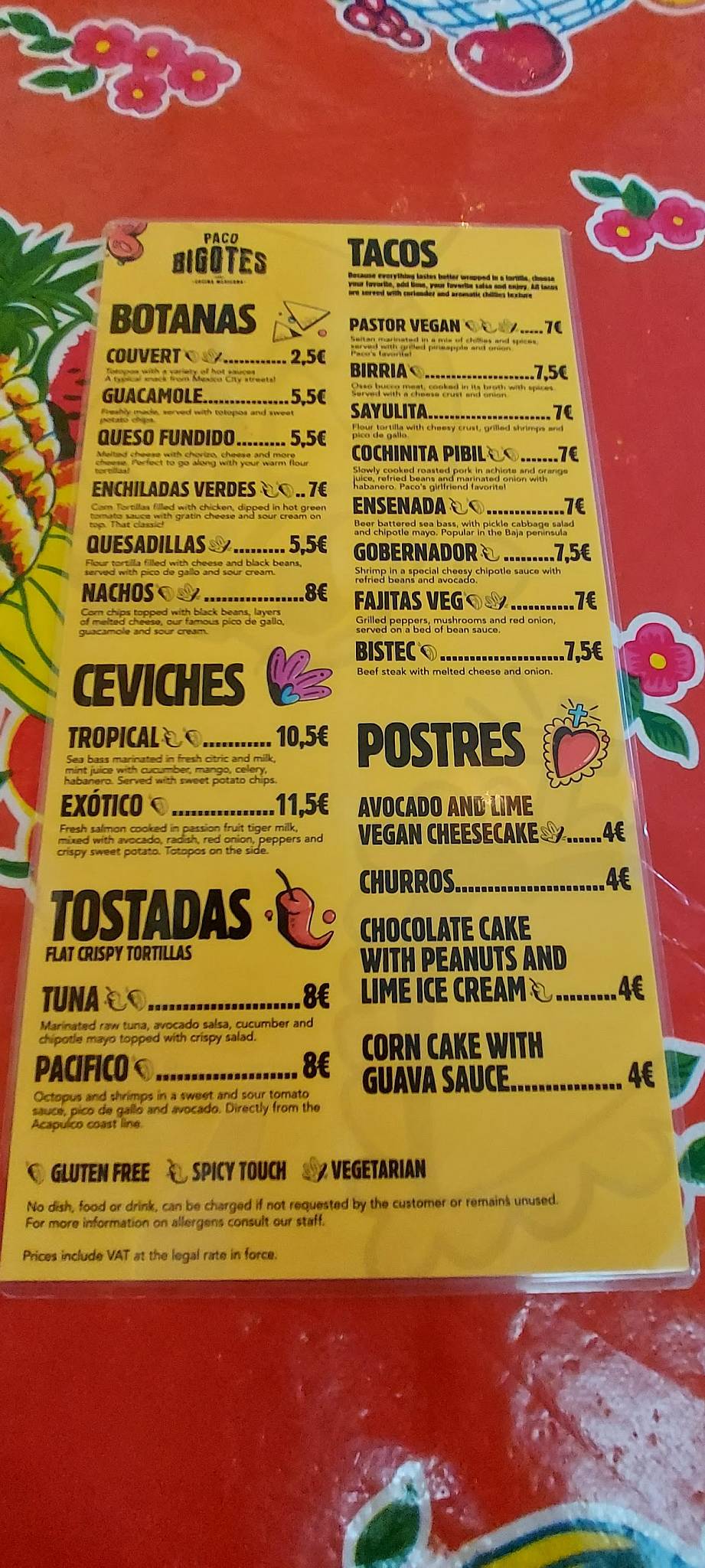 Menu at Paco Bigotes restaurant, Estoril