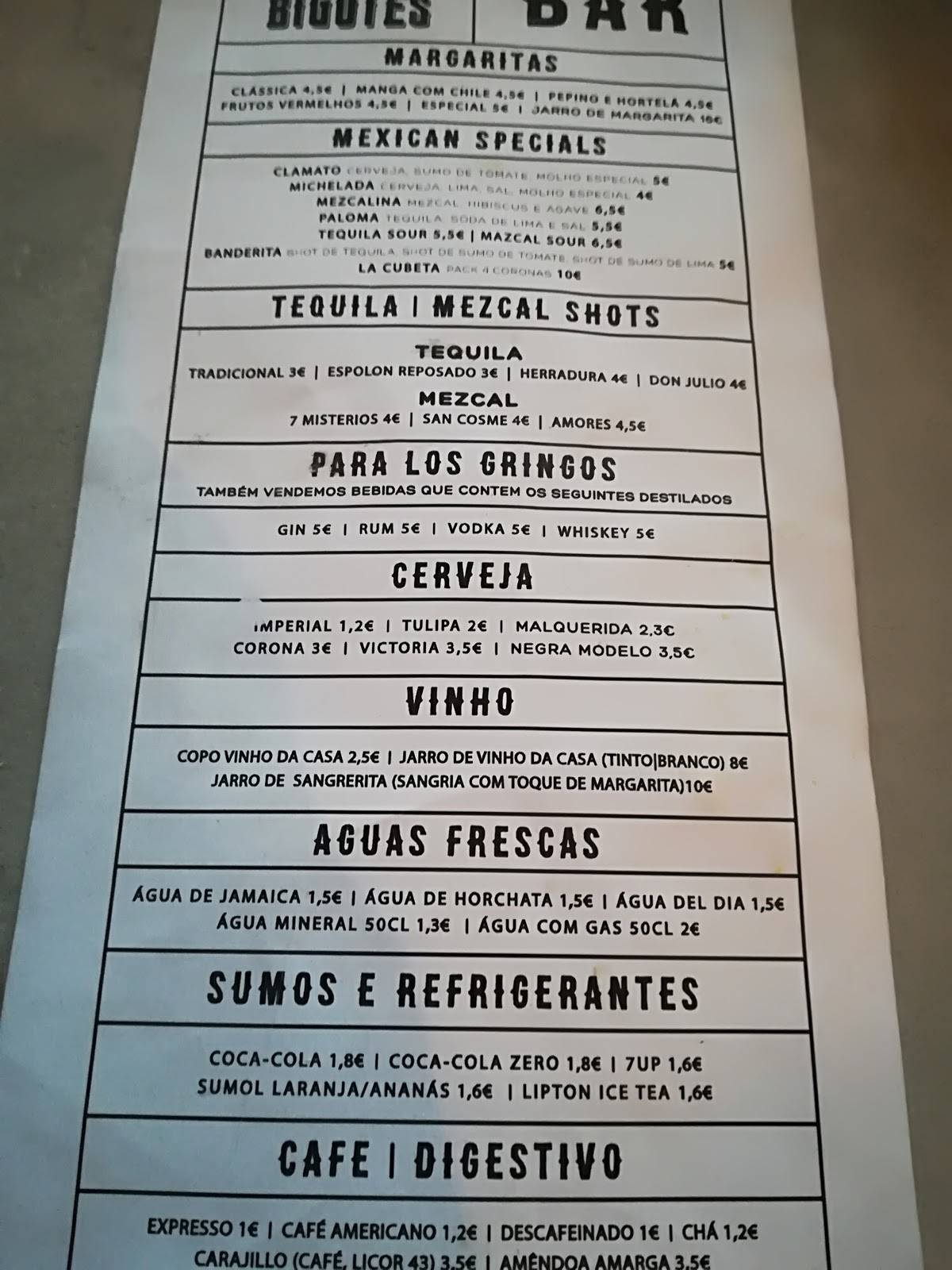 Menu at Paco Bigotes restaurant, Estoril
