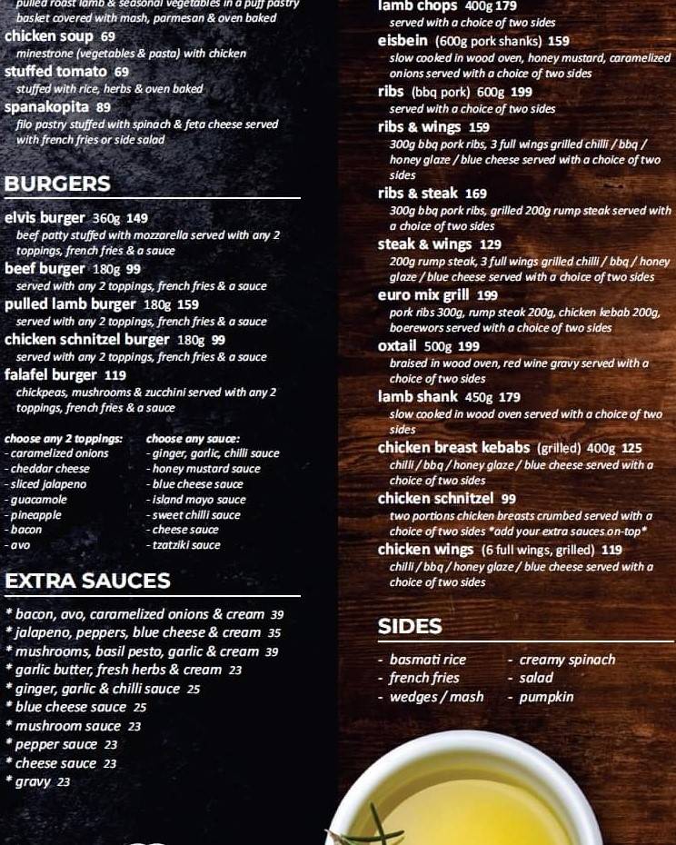 Menu at Euro Caffé cafe, Bloemfontein, U32 Mimosa Mall