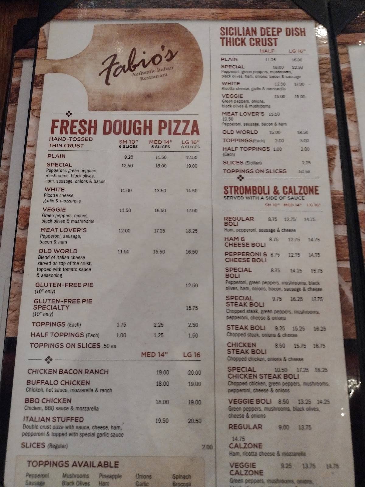 Menu at Fabio's Restaurant, Grantville