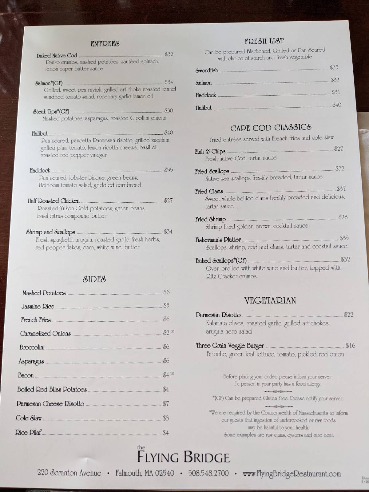 Menu at Flying Bridge Restaurant, Falmouth