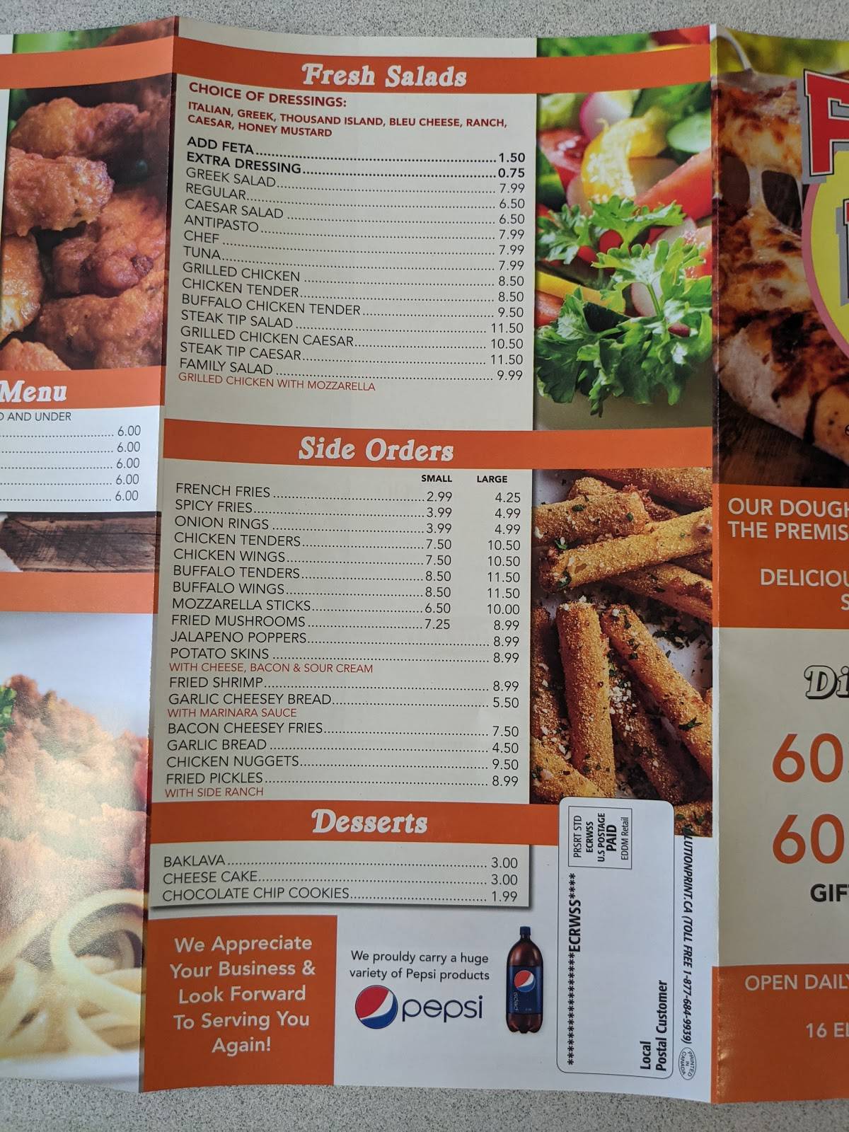Menu at Family Pizza restaurant, Pittsfield
