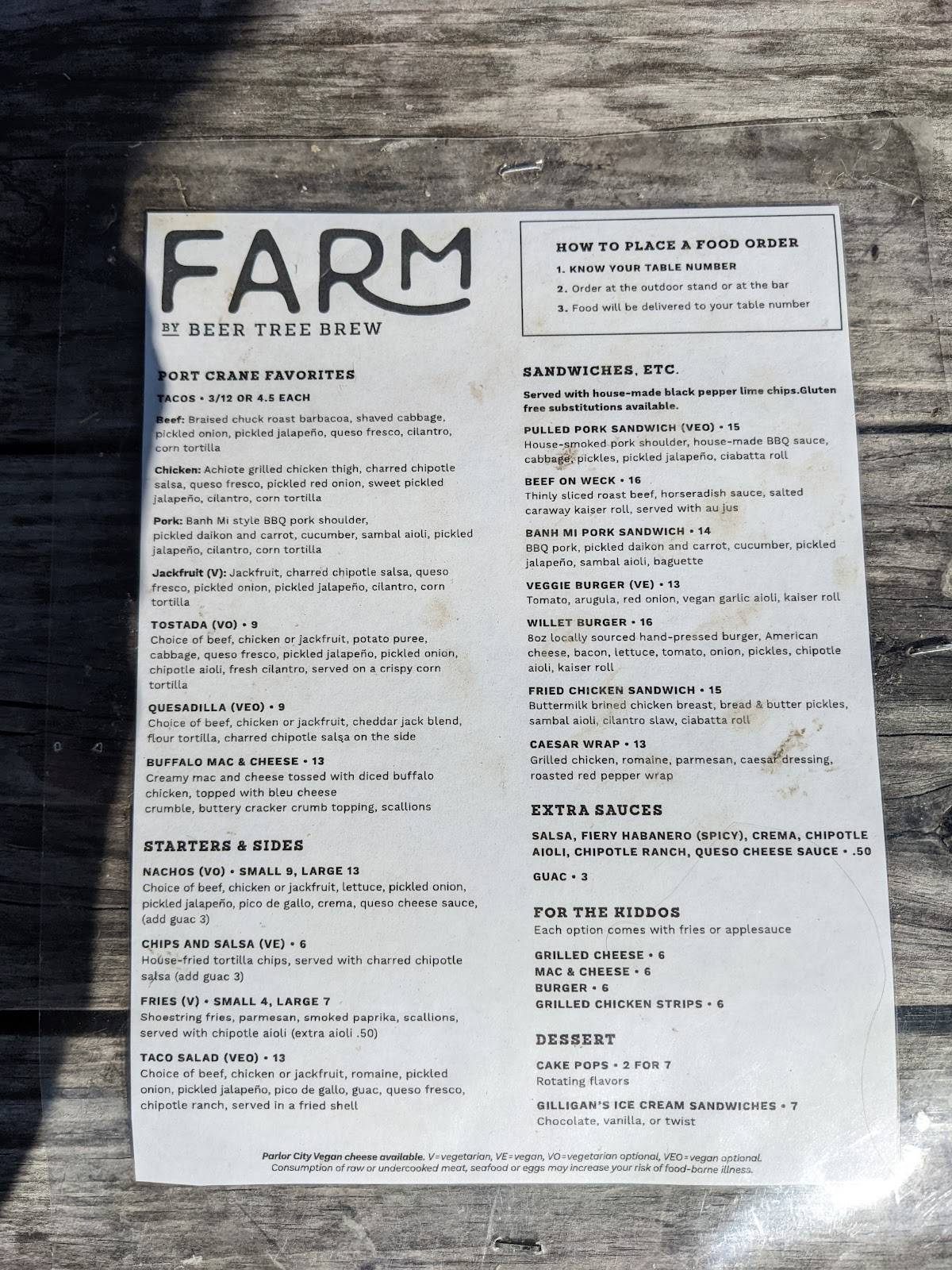 Menu at Farm by Beer Tree Brew restaurant, Port Crane