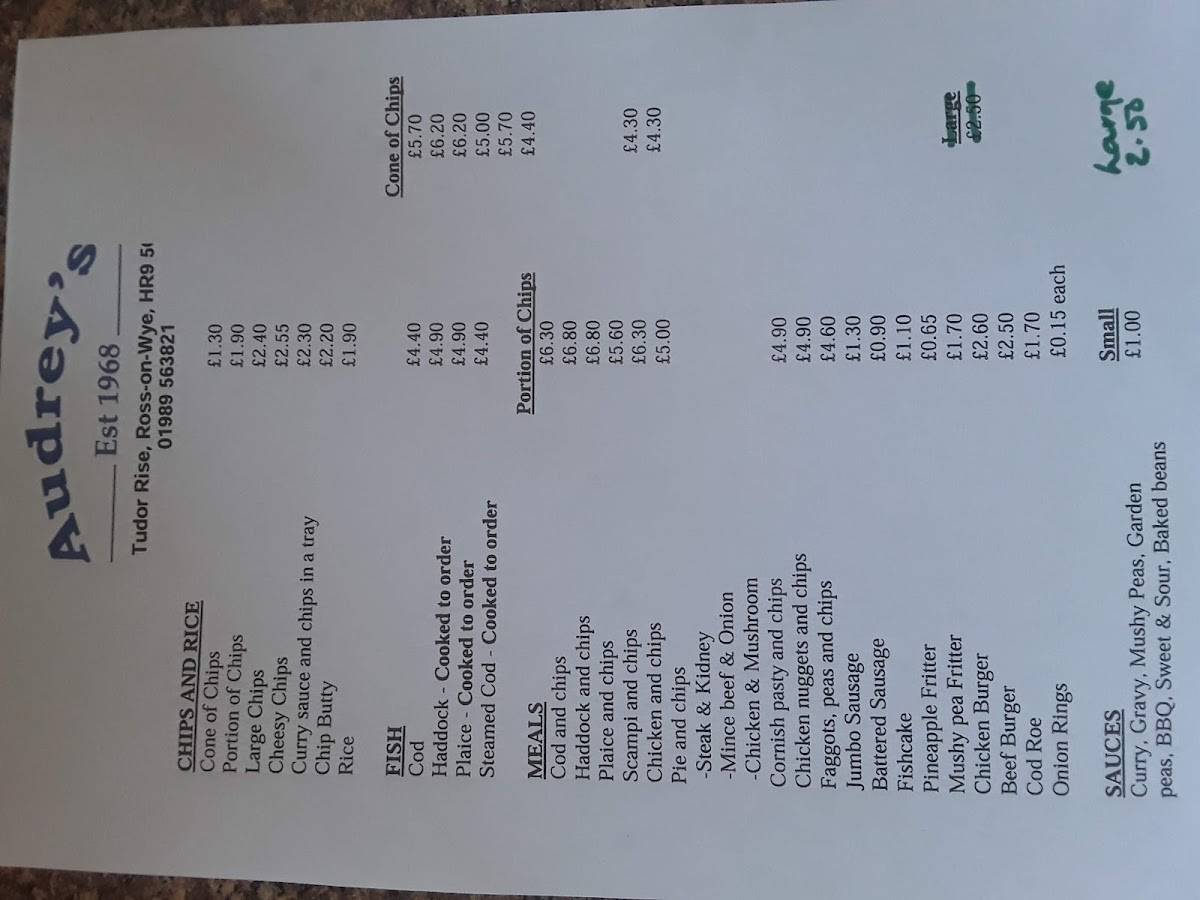 Menu at Audrey's Fish Bar, Ross-on-Wye