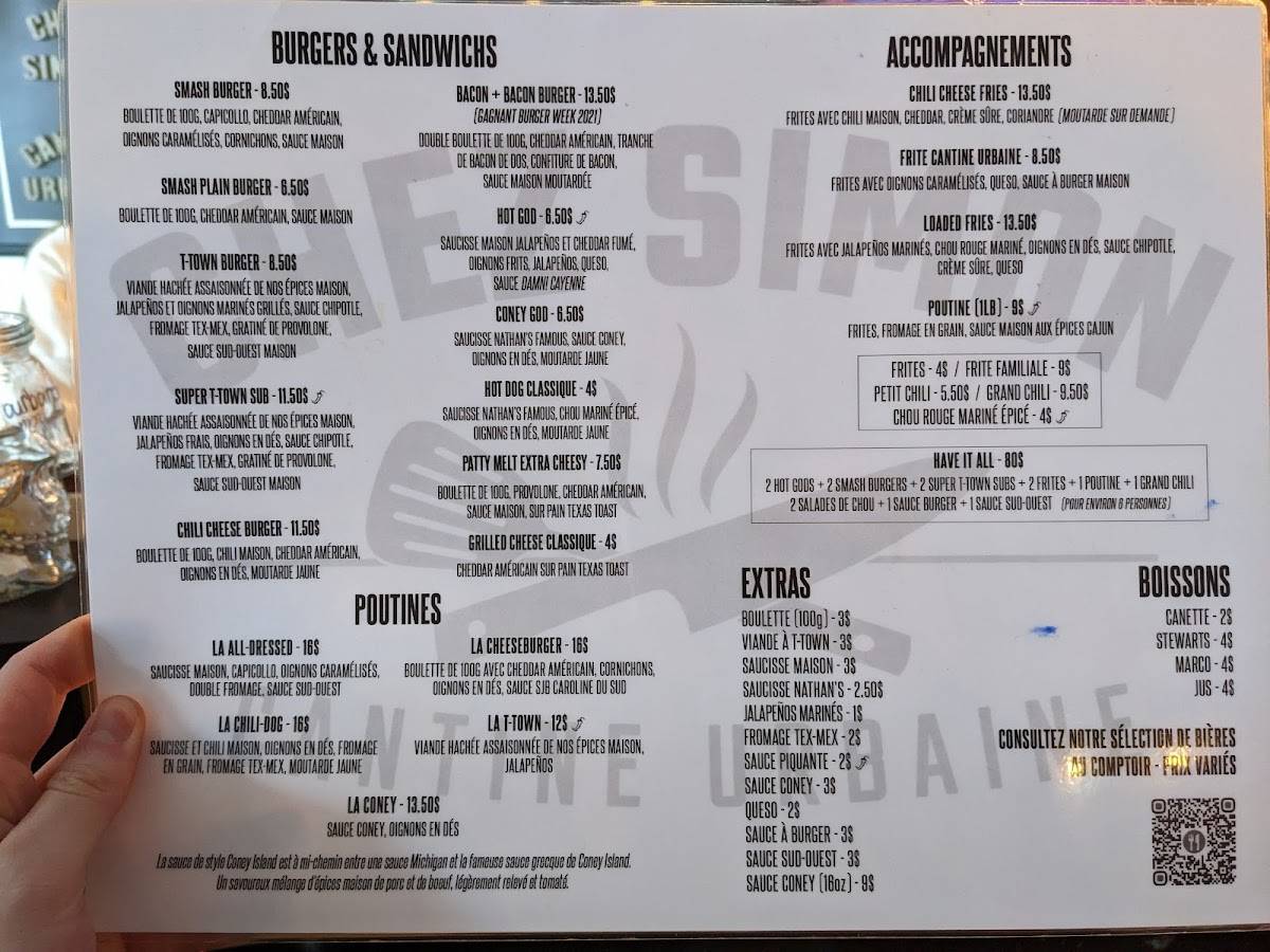 Menu au Chez Simon Cantine Urbaine fast food, Montréal