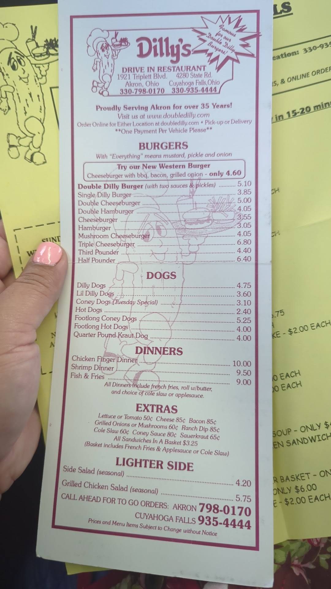 Menu at Dilly's Drive In fast food, Peninsula