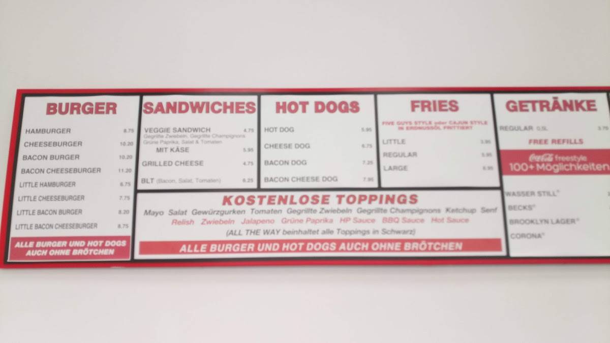 Speisekarte von Five Guys fast Food, Frankfurt am Main