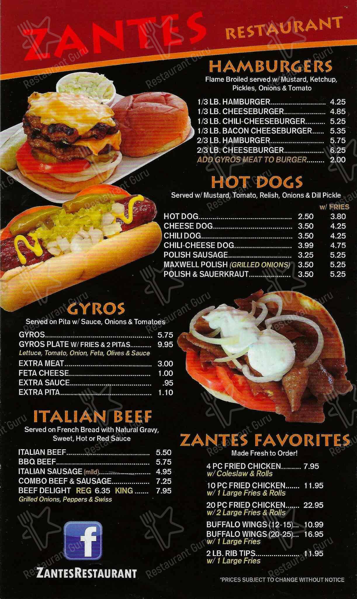 Menu at Zantes Restaurant, Hammond