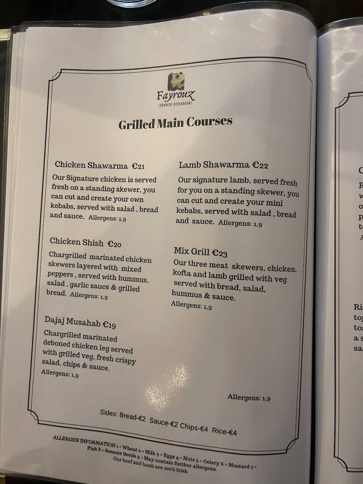 Menu at Fayrouz Lebanese Restaurant, Dublin