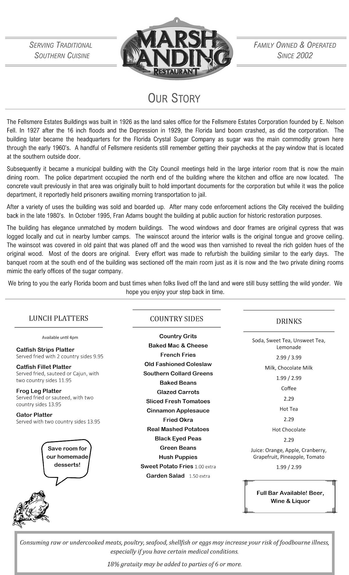 Menu at Marsh Landing Restaurant, Fellsmere