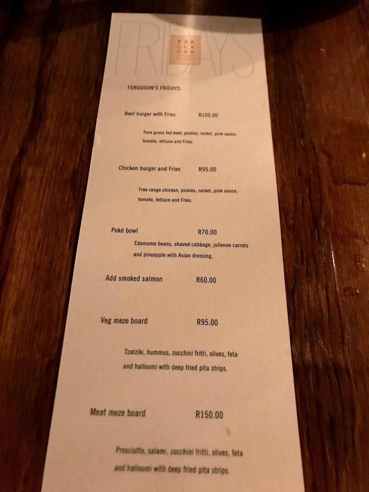 Menu at Ferguson's 5th Floor restaurant, Sandton