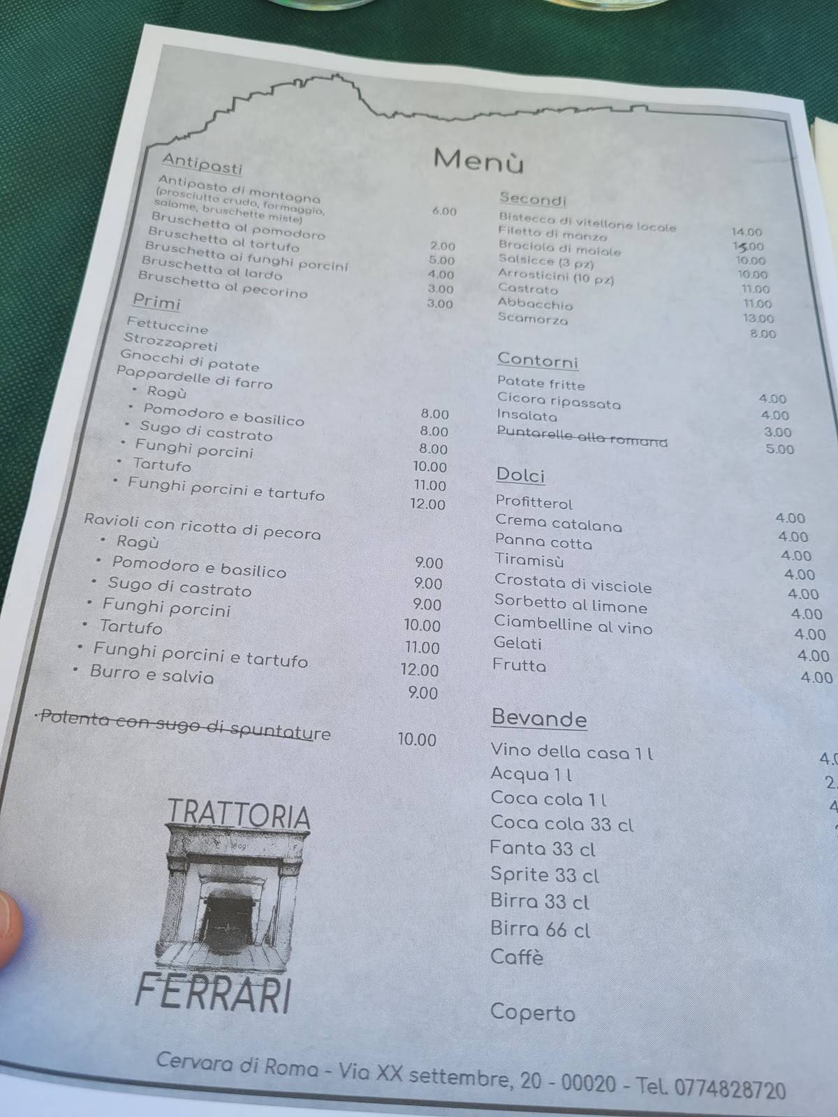 Menu da Ferrari Francesco ristorante, Cervara di Roma