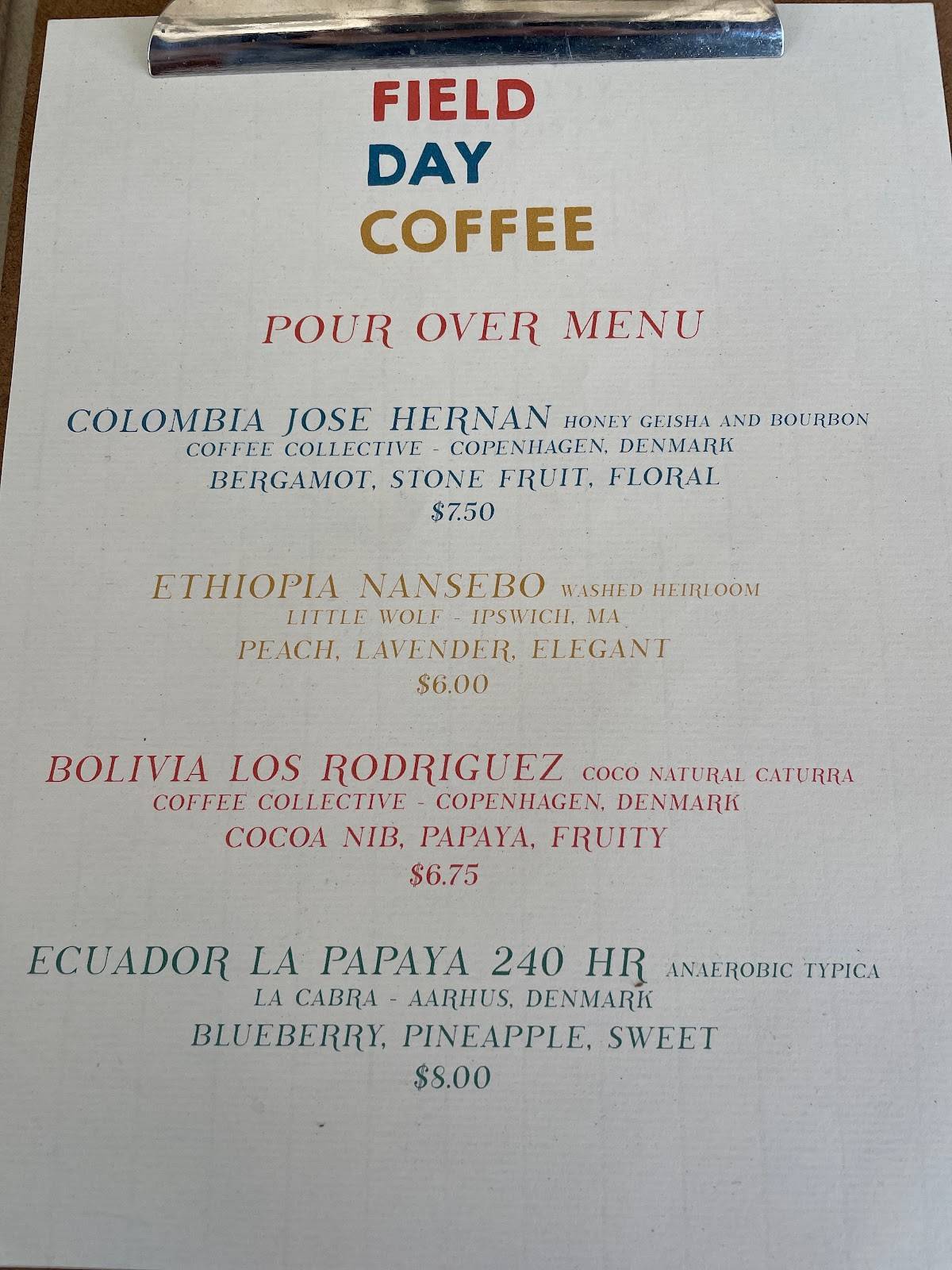 Menu at Field Day Coffee pub & bar, San Luis Obispo