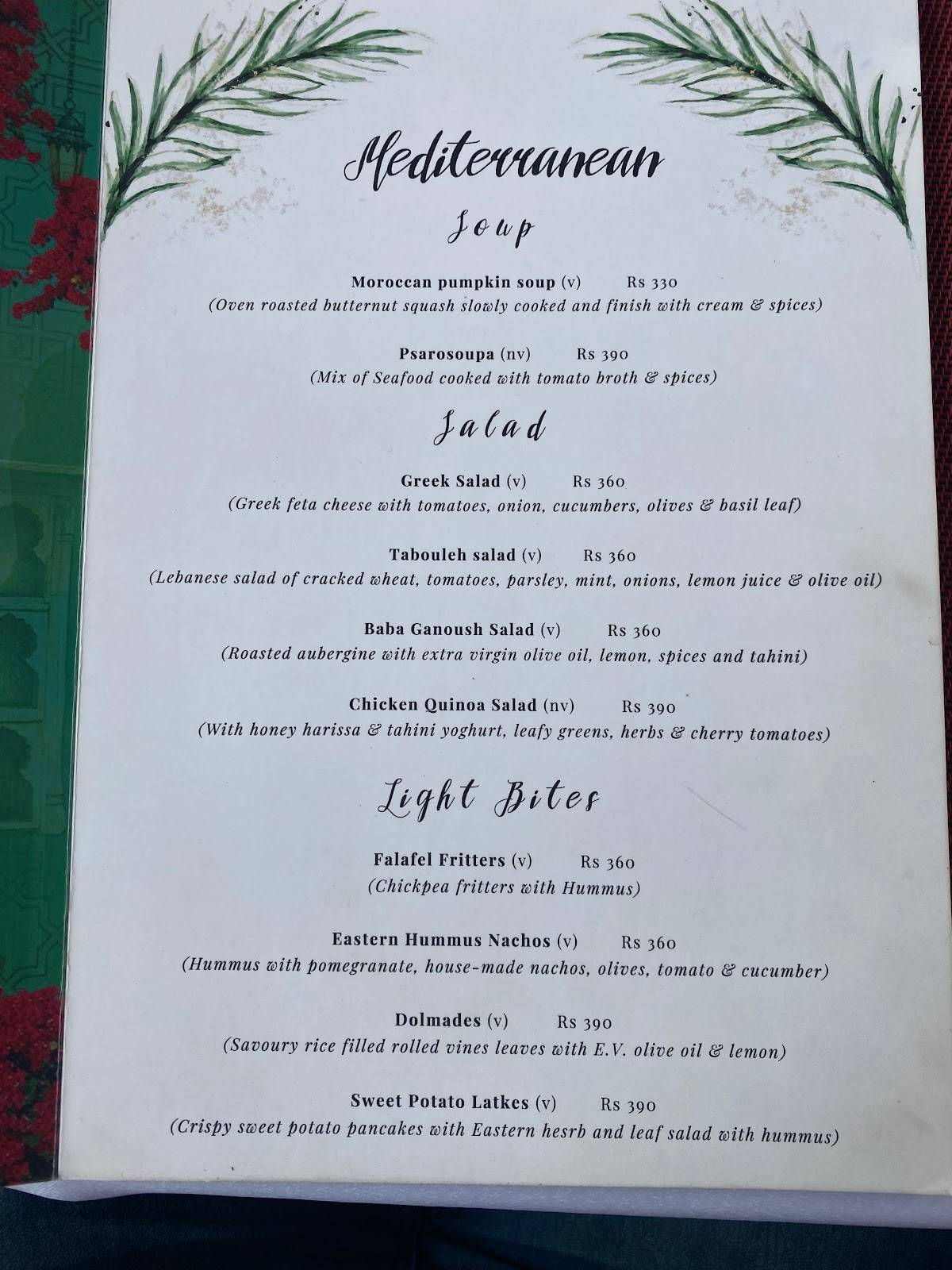 Menu at Finding RUMI, Chennai