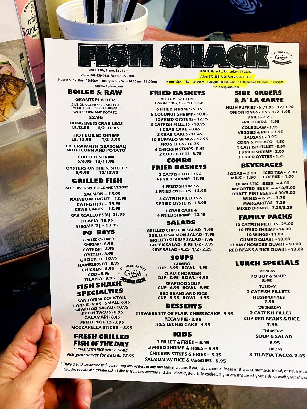 Menu at Fish Shack restaurant, Richardson