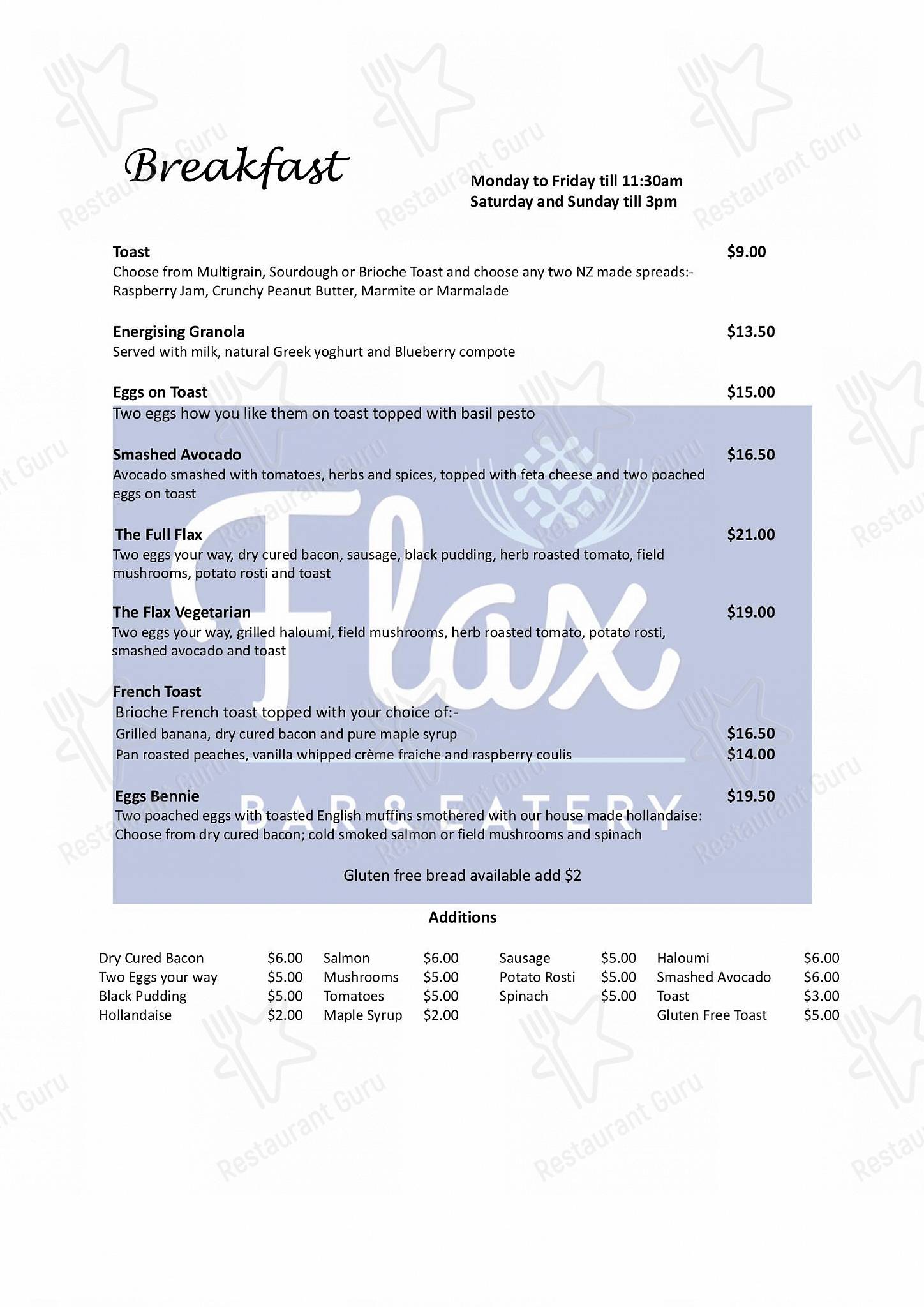 Menu at Flax Bar & Eatery, Christchurch