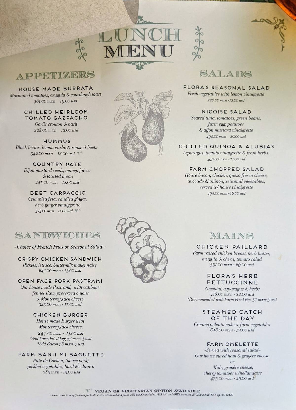 Menu at Flora Farms pub & bar, San José del Cabo, Carretera ...