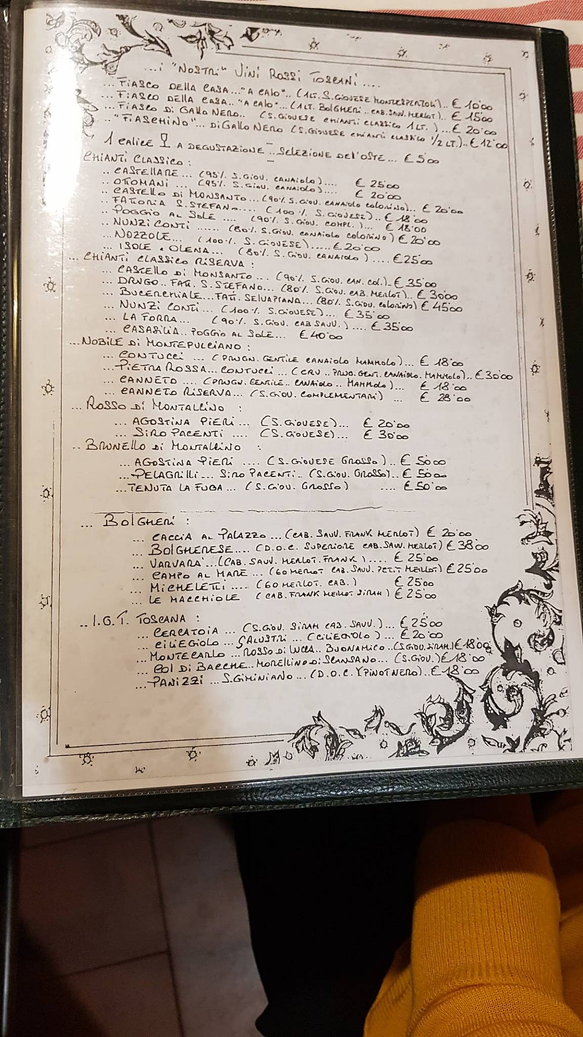 Menu at Ristorante del Fagioli, Florence, Corso dei Tintori