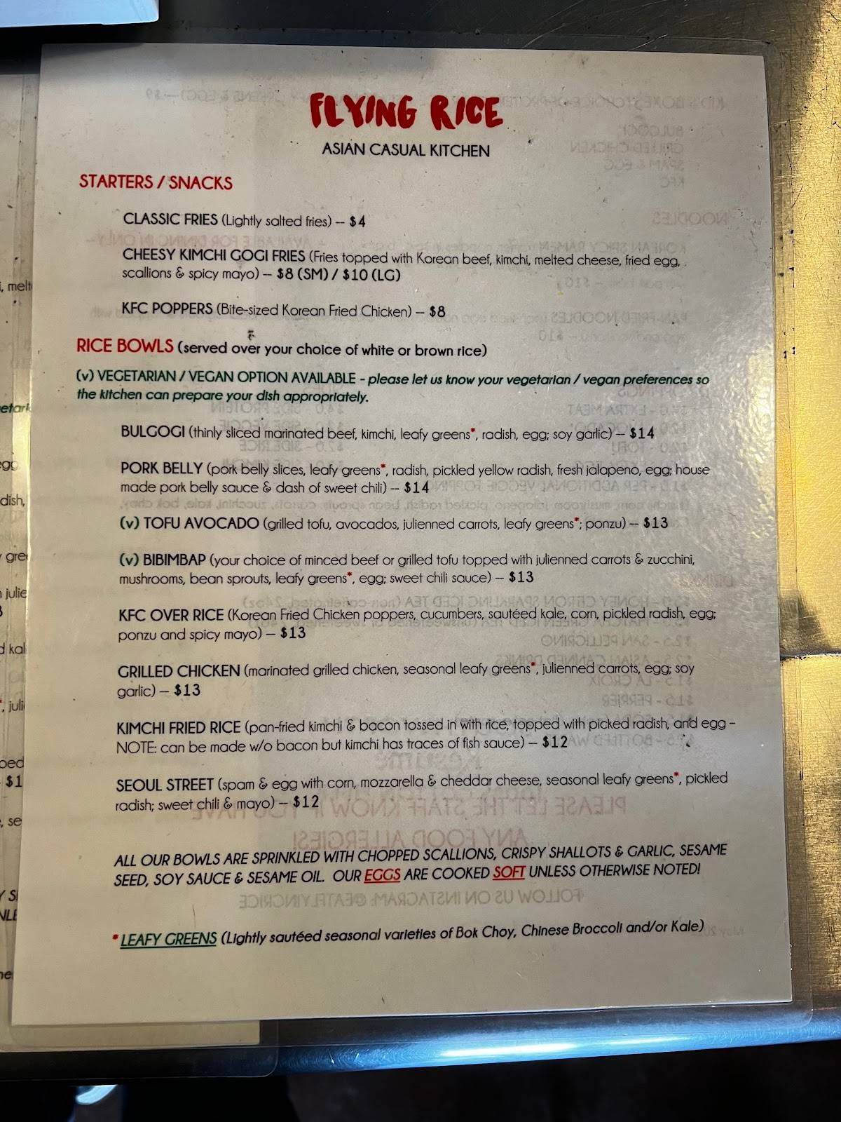 Menu at Flying Rice restaurant, La Verne