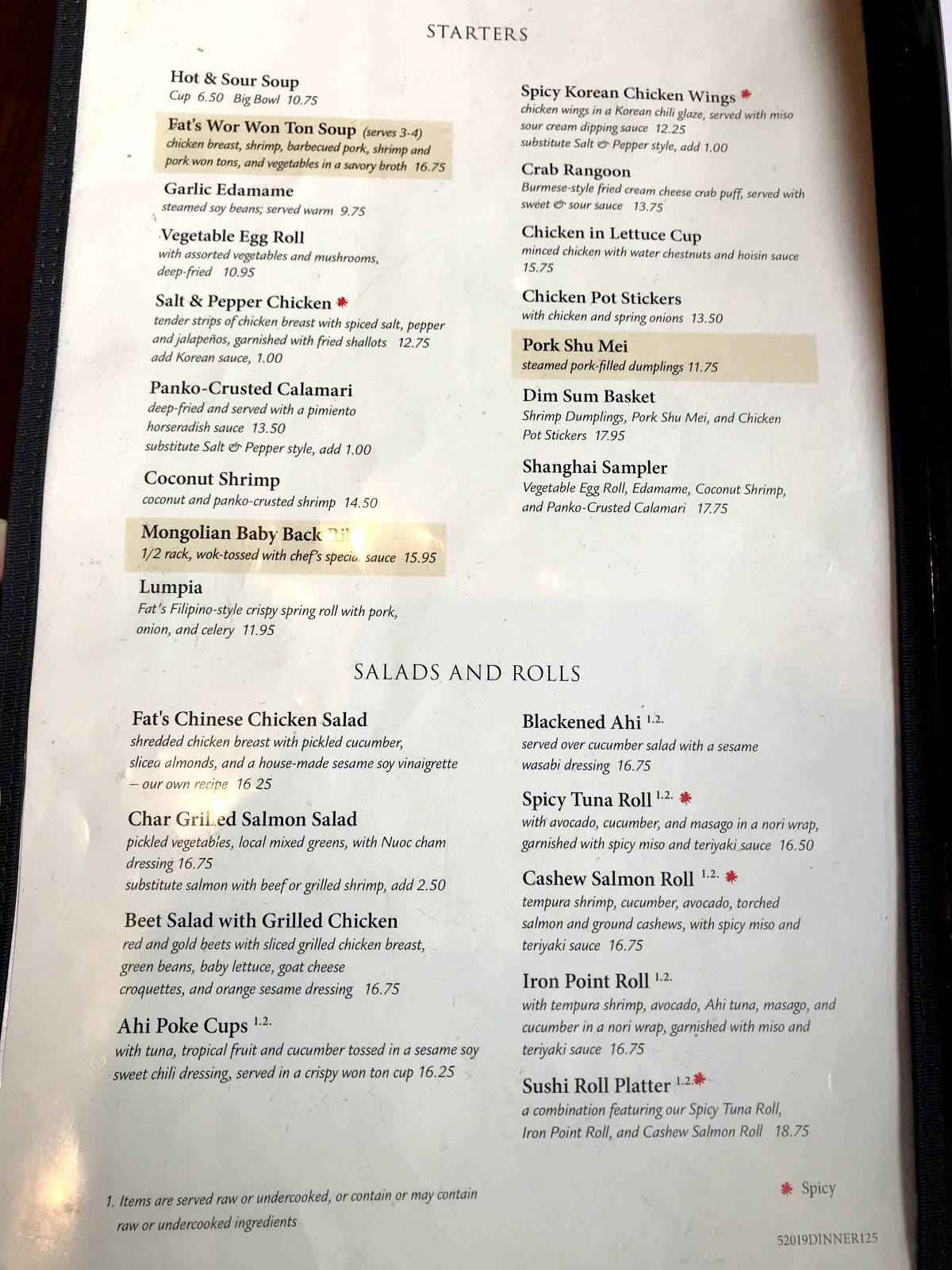 Menu at Fat's Asia Bistro Folsom restaurant, Folsom