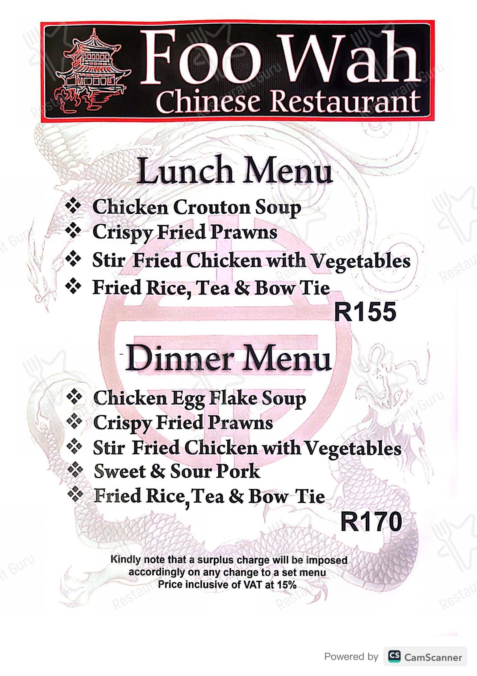 Menu at Foo Wah Chinese Restaurant & Take Away, Johannesburg