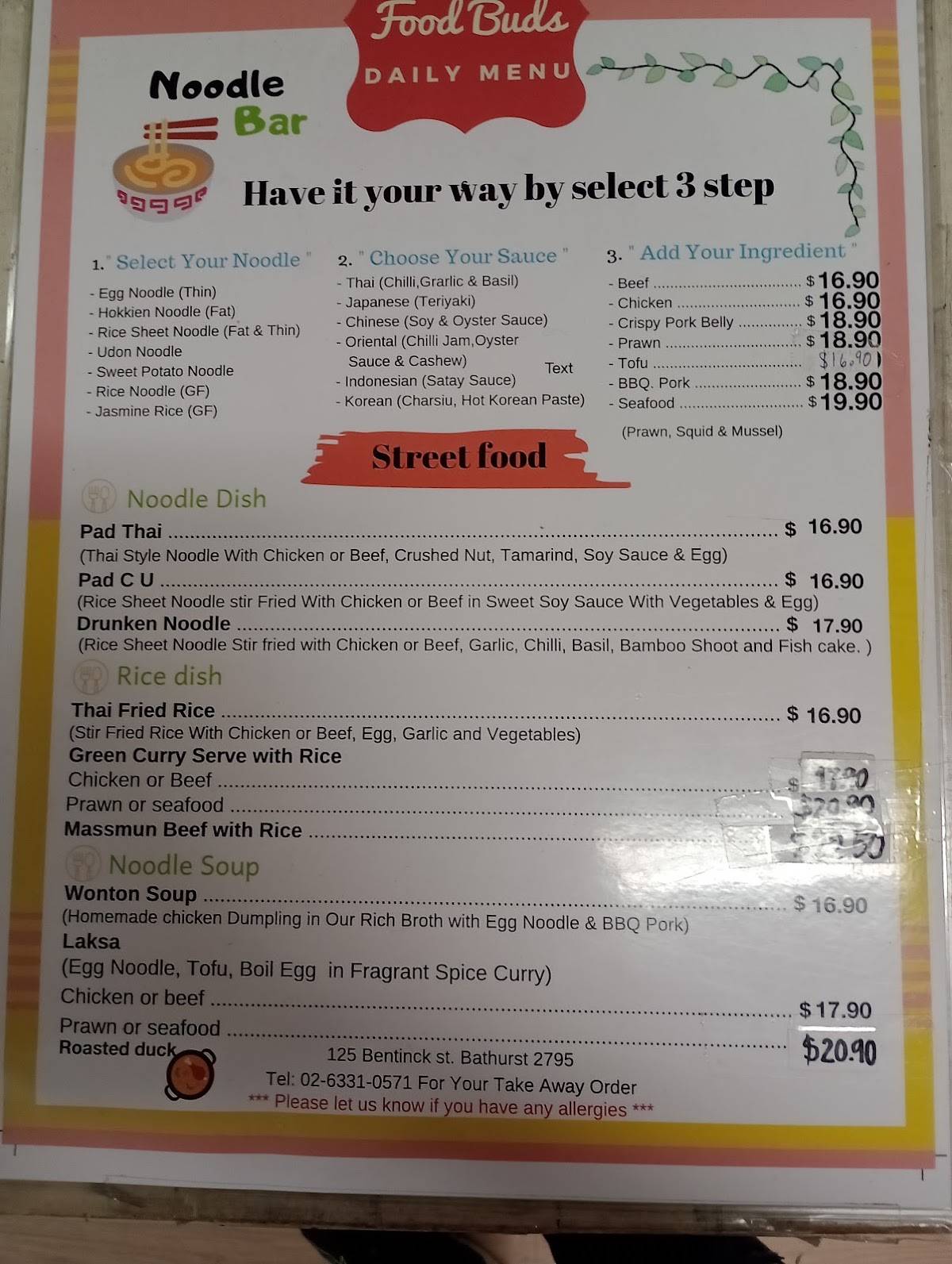 Menu at Food Buds Restaurant, Bathurst, 125 Bentinck St