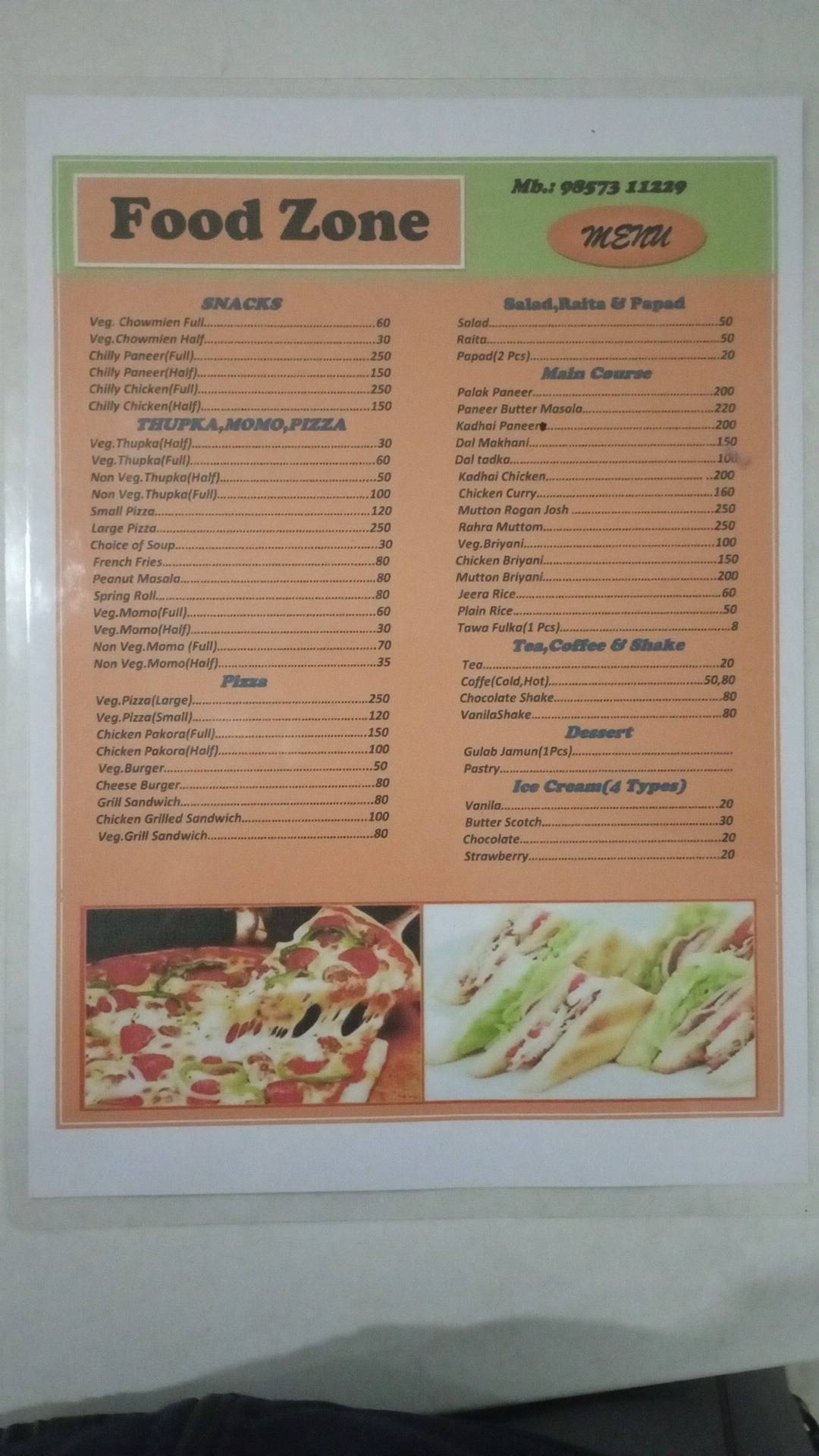Menu at Food zone, Pandoh