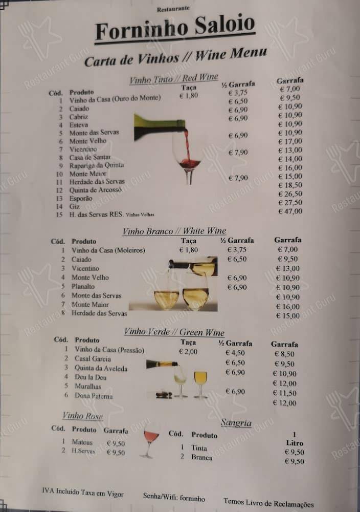 Menu at Forninho Saloio restaurant, Lisbon