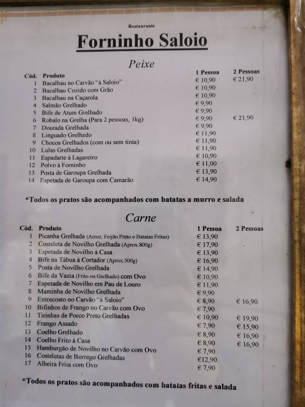 Menu at Forninho Saloio restaurant, Lisbon