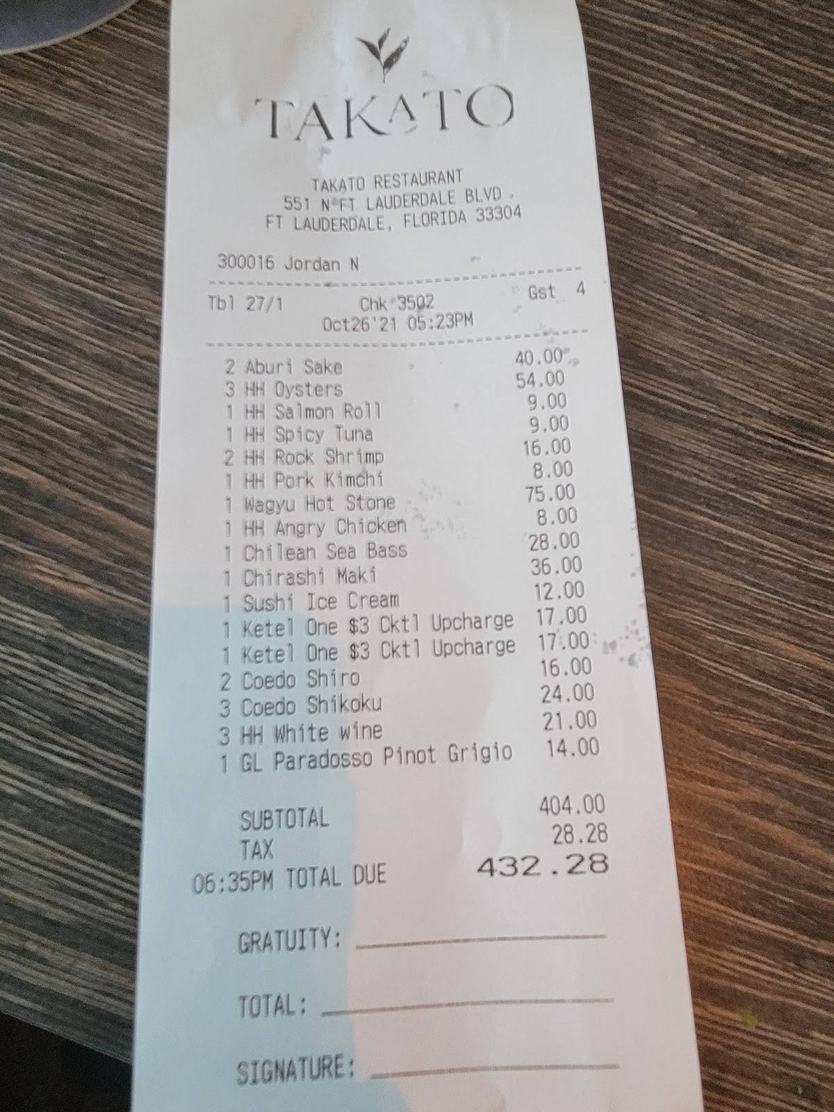 Menu at TAKATO restaurant, Fort Lauderdale