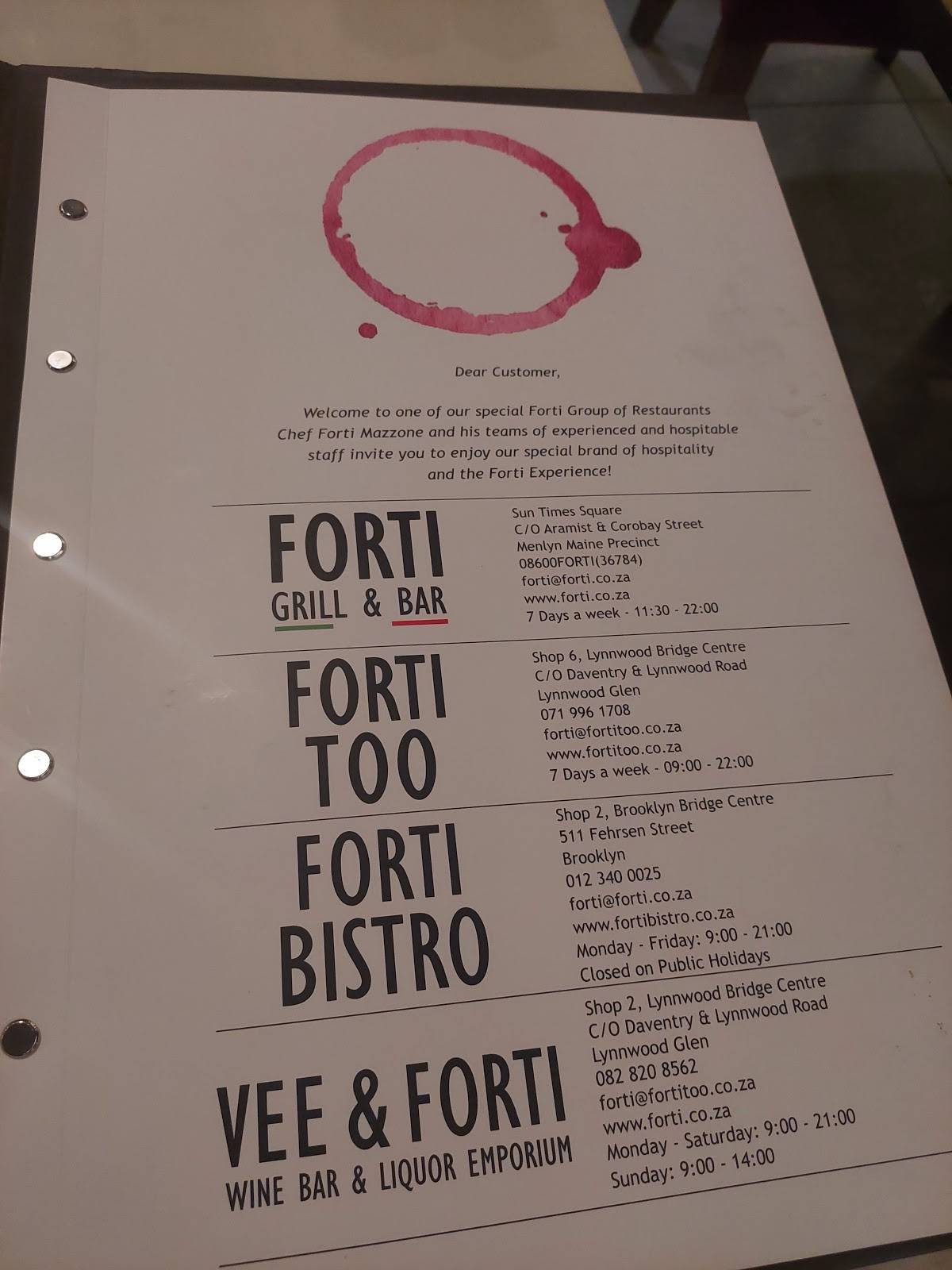 Menu at Forti Grill and Bar, Pretoria, Time Square