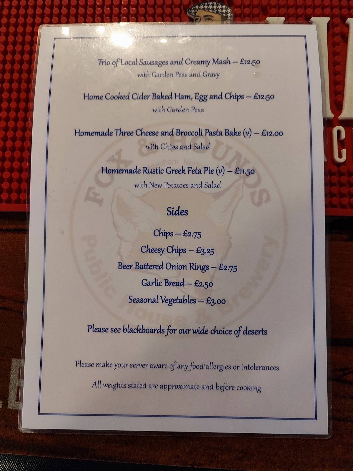 Menu at Fox & Hounds pub & bar, Heacham, 22 Station Rd