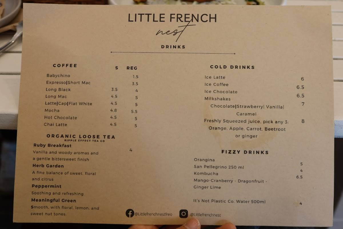 Menu at Little French Nest cafe, Fremantle