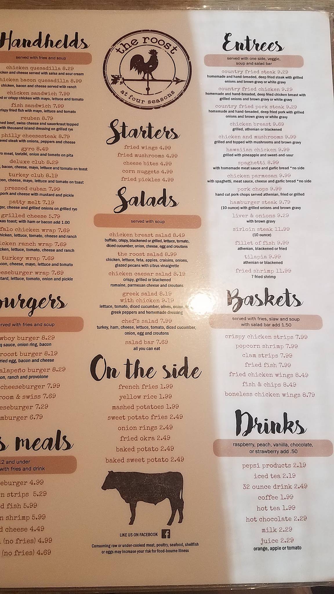 Menu at The Roost at Four Seasons restaurant, Frostproof, US Hwy 27