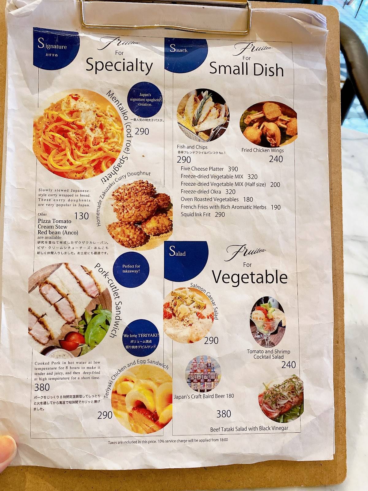 Menu at Fruitea cafe, Bangkok