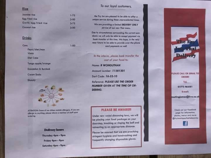 Menu at Fry-inn fast food, Preston