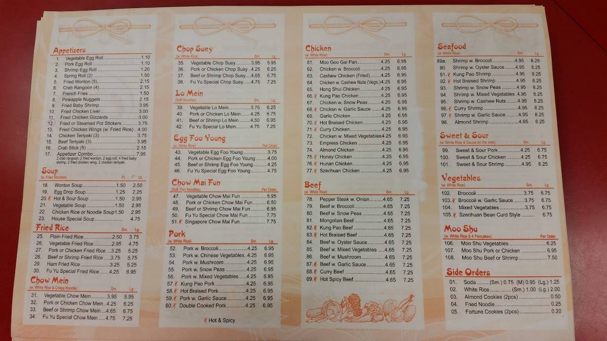 Menu at Fu Yu Chinese Kitchen restaurant, High Ridge