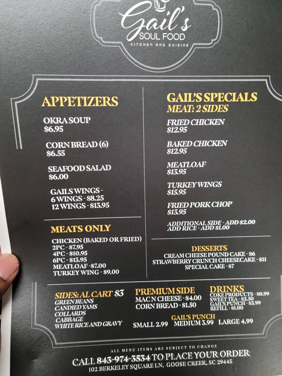 Menu at Gail's Soul Food restaurant, Goose Creek