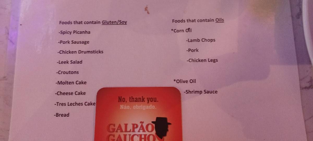 Menu at Galpão Gaucho Brazilian Steakhouse, Las Vegas