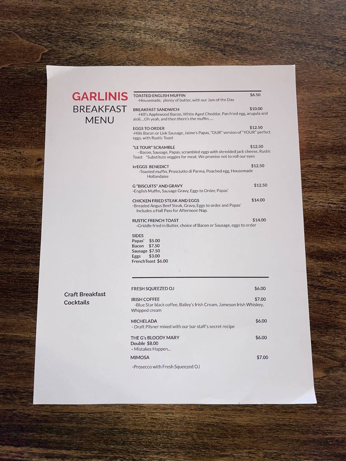 Menu at Garlini's Napoletana pub & bar, Wenatchee