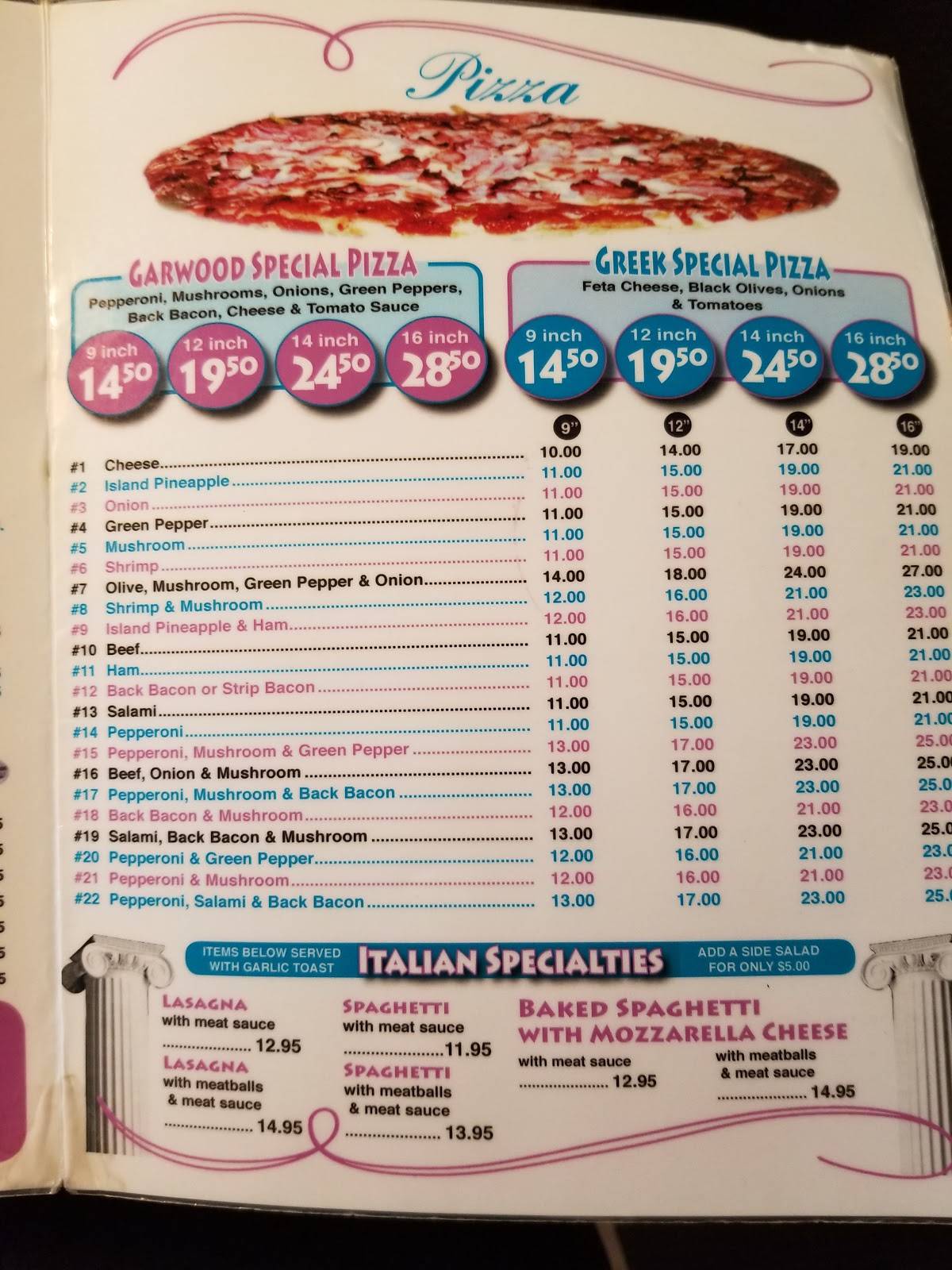 Menu at Garwood Grill pizzeria, Winnipeg
