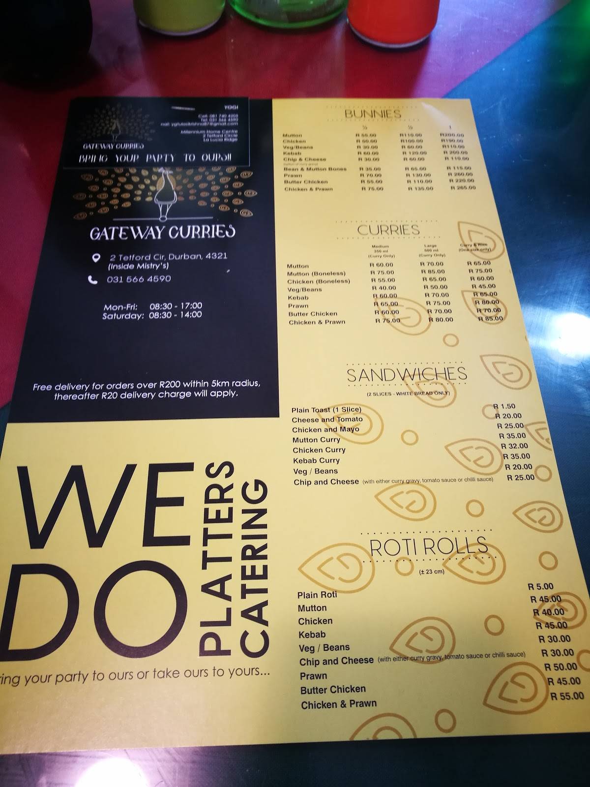 Menu at Gateway Curries restaurant, Durban
